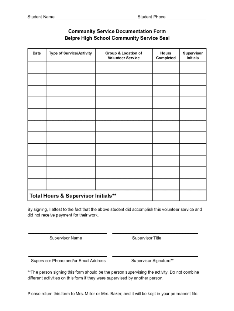 Fillable Online Community Service Documentation Form for Belpre High ...