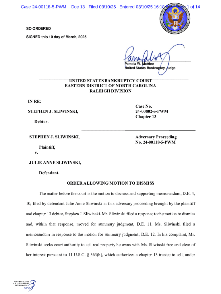 Fillable Online Order Allowing Motion to Dismiss in Bankruptcy Case Fax Email Print - pdfFiller