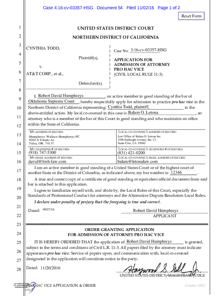 Fillable Online Application for Admission of Attorney Pro Hac Vice Fax ...