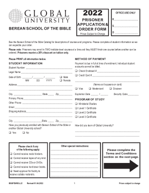 Fillable Online Prisoner Application & Order Form for Berean School of ...