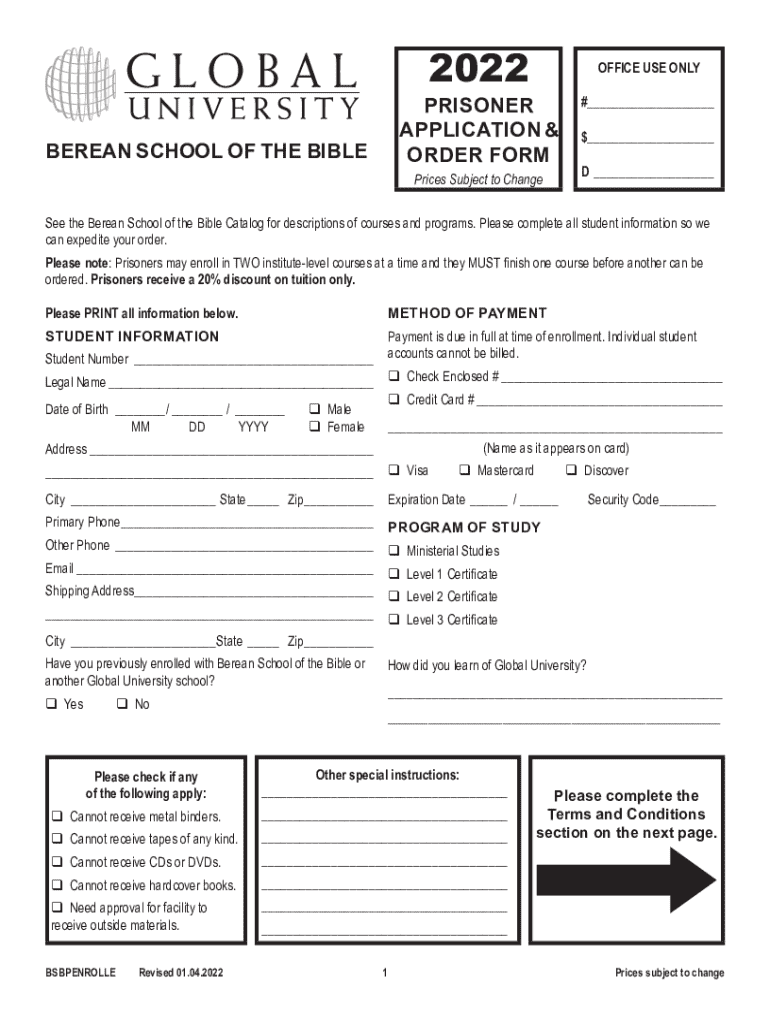 Fillable Online Prisoner Application & Order Form for Berean School of ...
