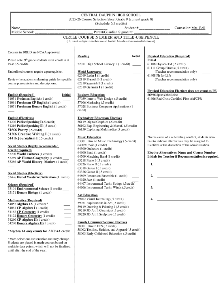 Fillable Online Grade 9 Course Selection Sheet Fax Email Print - pdfFiller