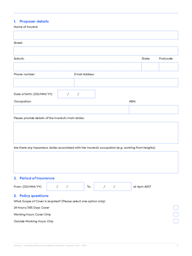 Fillable Online Individual Personal Accident & Sickness Proposal Form ...