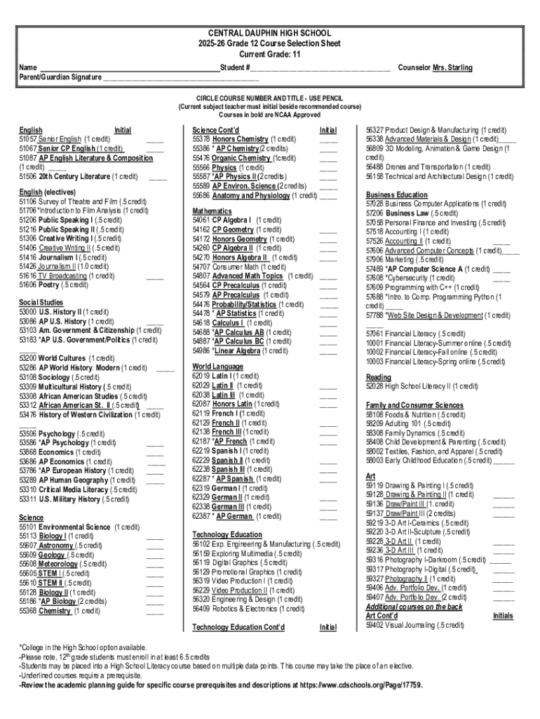 Fillable Online Central Dauphin High School Course Selection Sheet for 12th Grade Fax Email ...