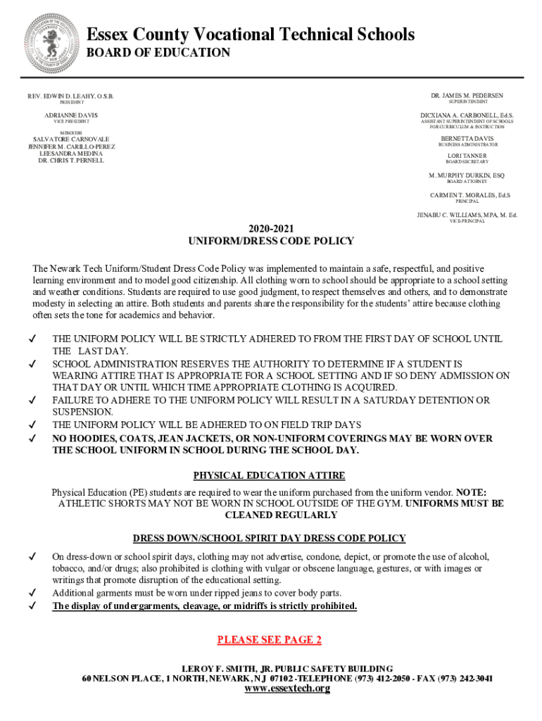 Fillable Online Newark Tech Uniform/student Dress Code Policy Fax Email ...