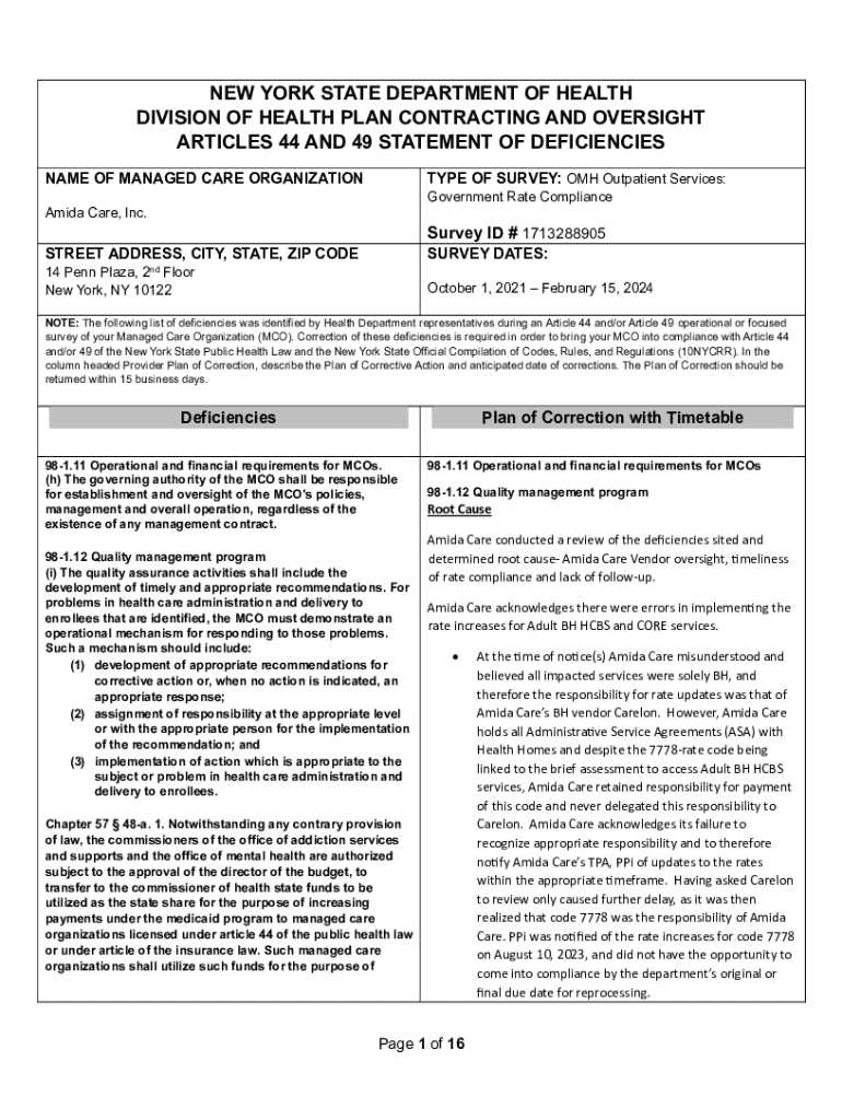 Fillable Online Statement of Deficiencies for Managed Care Organization ...
