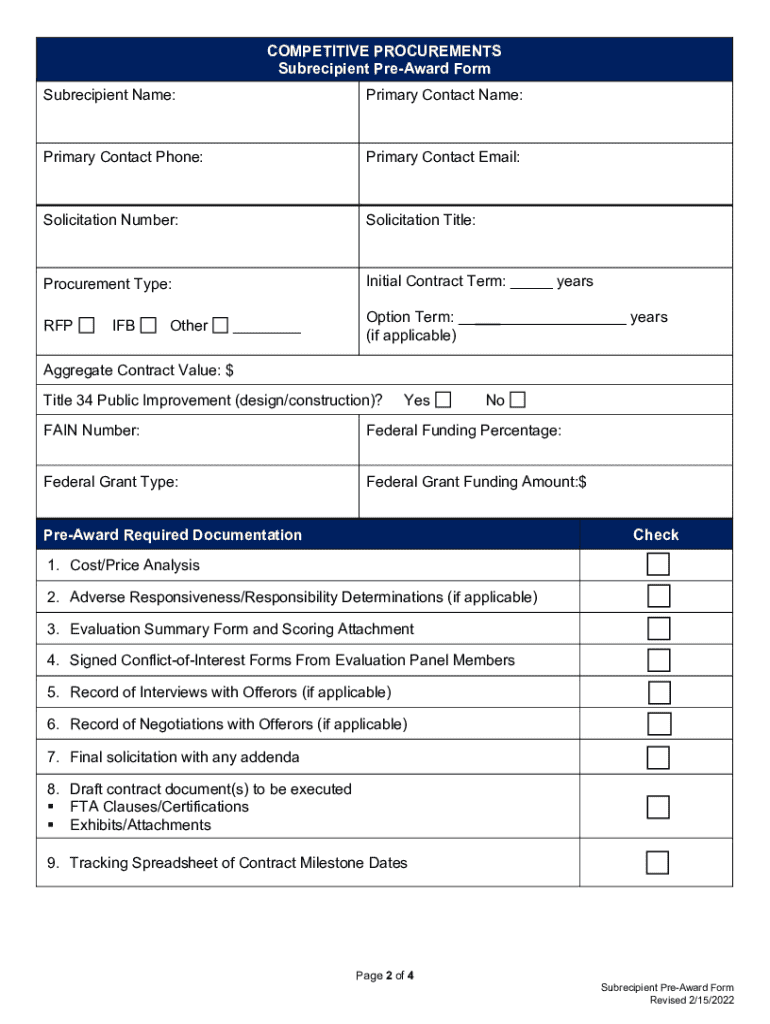 Fillable Online Subrecipient Pre-award Form for Competitive Procurements Fax Email Print - pdfFiller