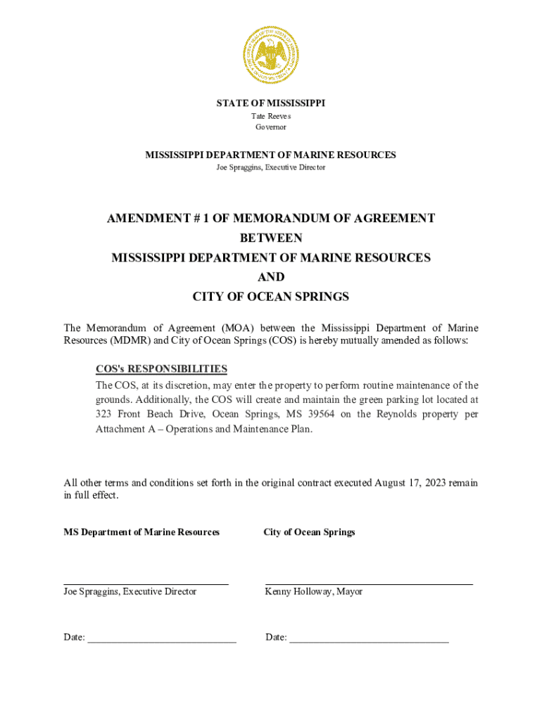 Fillable Online Memorandum of Agreement Amendment Between Mississippi ...