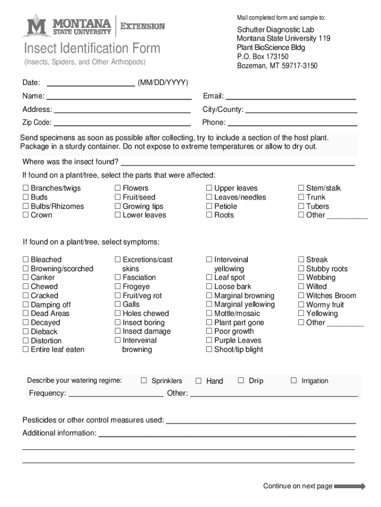 Fillable Online Insect Identification Form (insects, Spiders, and Other Arthropods) Fax Email ...
