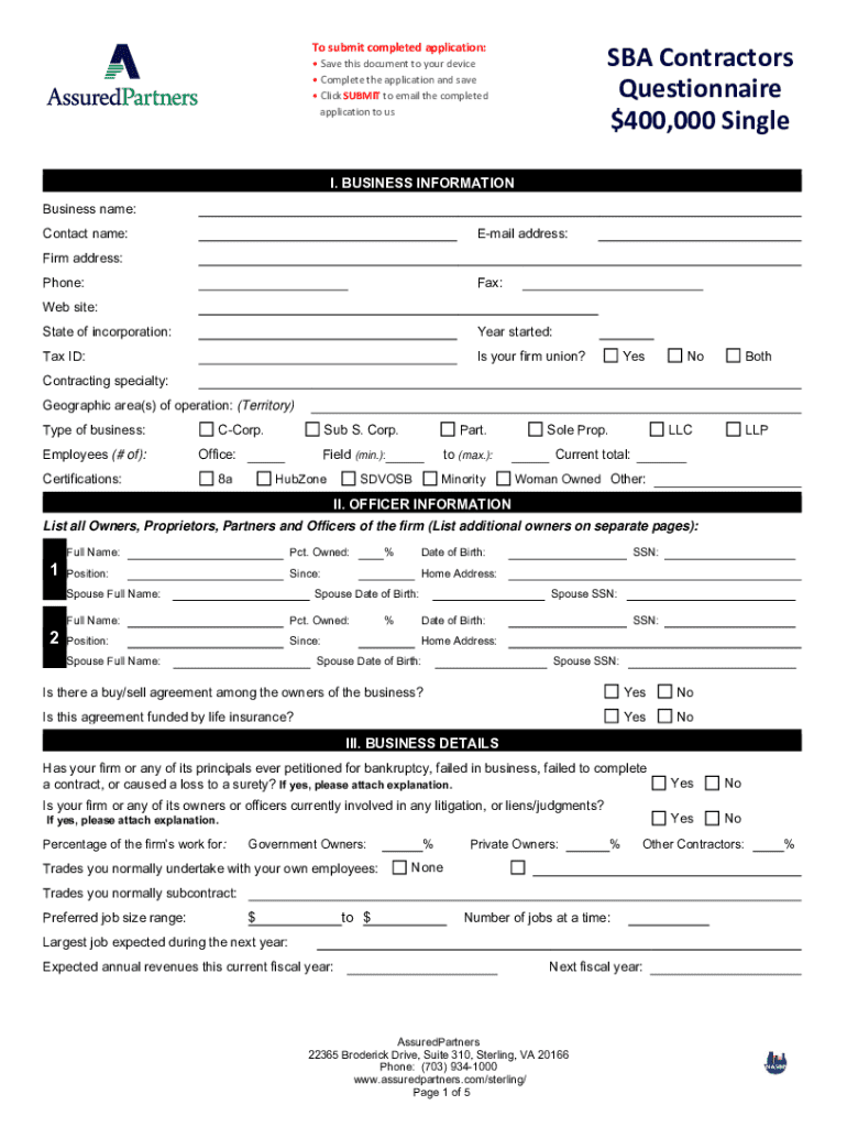 Fillable Online Sba Contractors Questionnaire Fax Email Print - pdfFiller