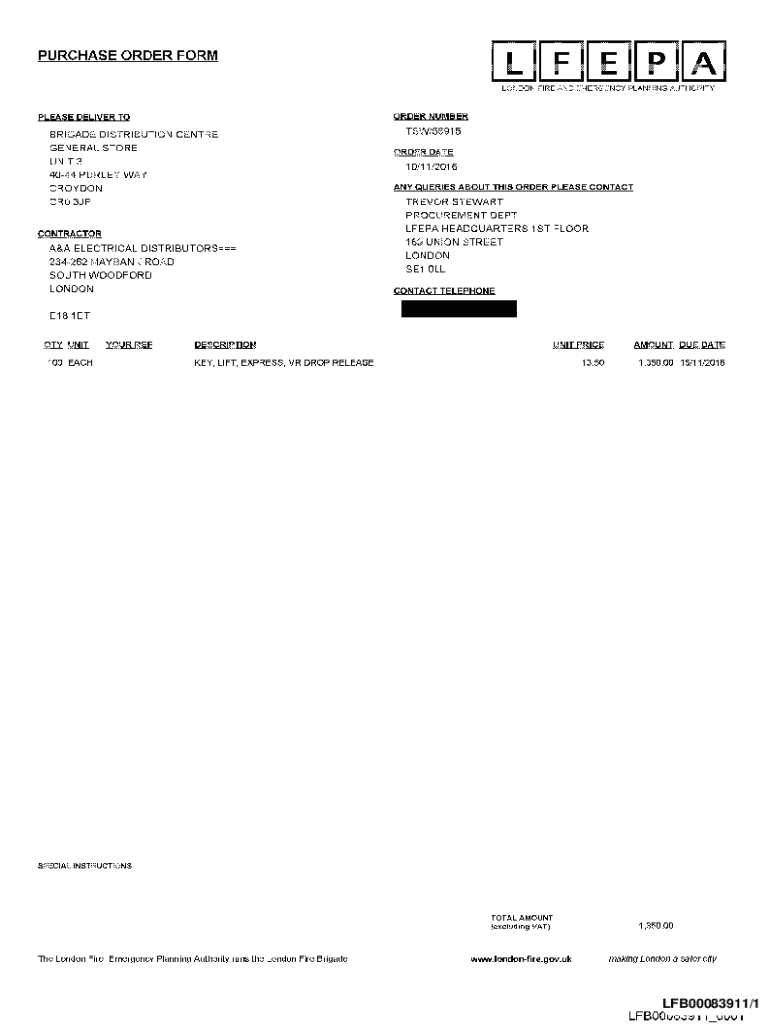 Fillable Online Purchase Order Form for London Fire and Emergency Planning Authority Fax Email ...
