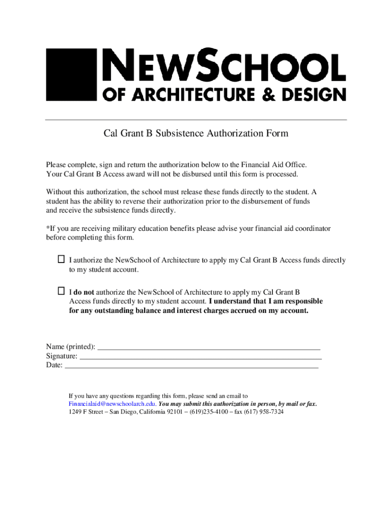 Fillable Online Cal Grant B Authorization for Financial Aid Fax Email ...