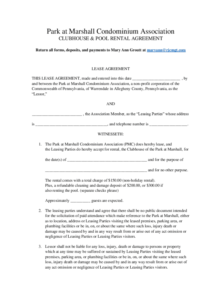Fillable Online Park at Marshall Condominium Association Clubhouse ...