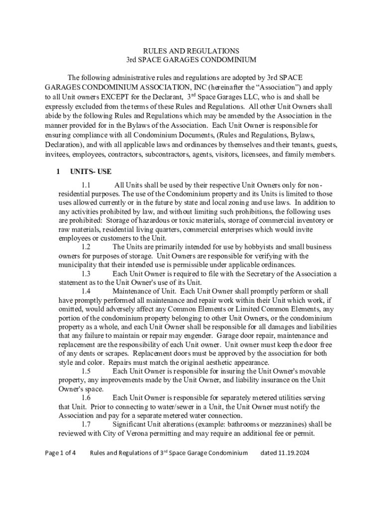 Fillable Online Rules and Regulations of 3rd Space Garage Condominium Fax Email Print - pdfFiller