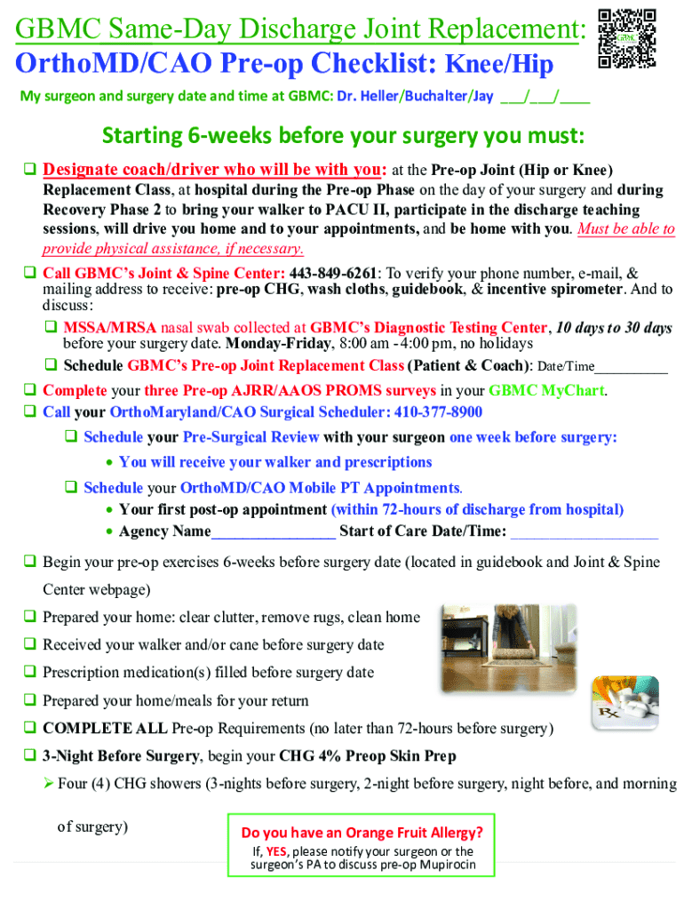 Fillable Online Orthomd/cao Pre-op Checklist: Knee/hip Fax Email Print ...