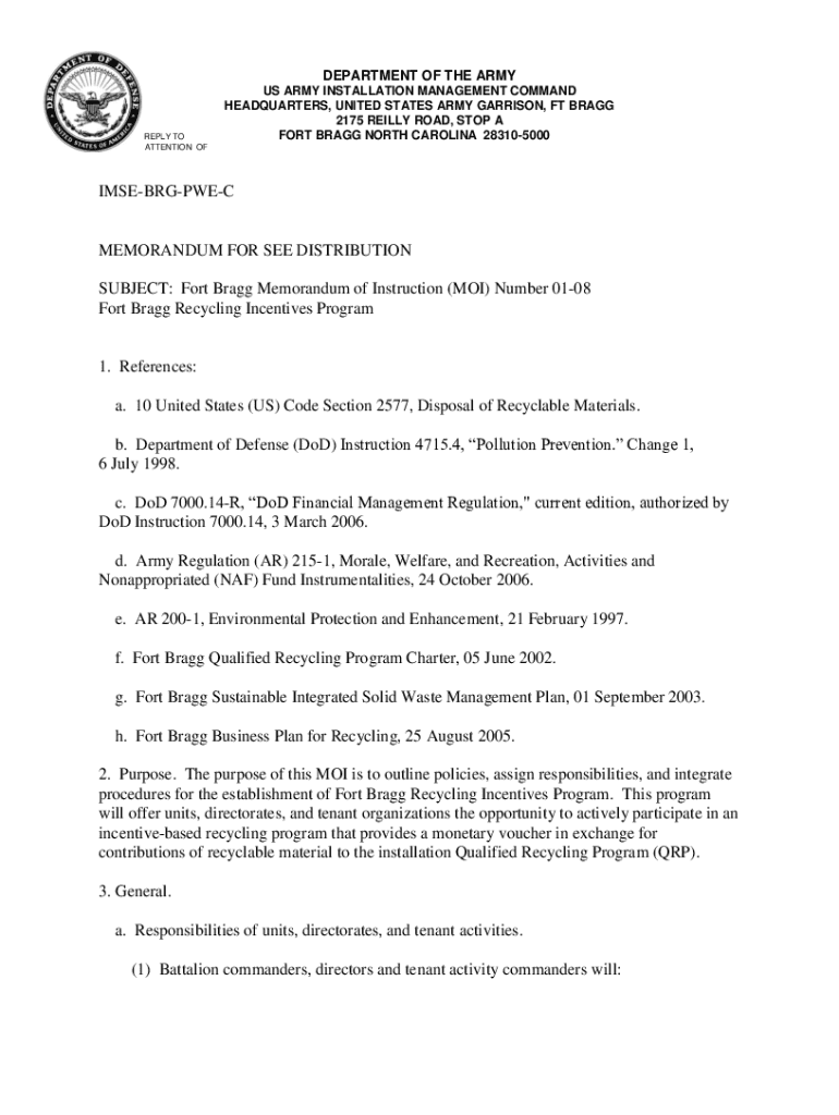 Fillable Online Fort Bragg Recycling Incentives Program Memorandum Fax ...