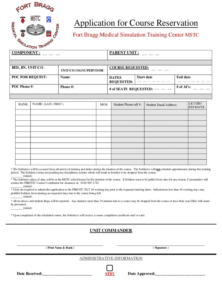 Fillable Online Application for Course Reservation at Fort Bragg ...