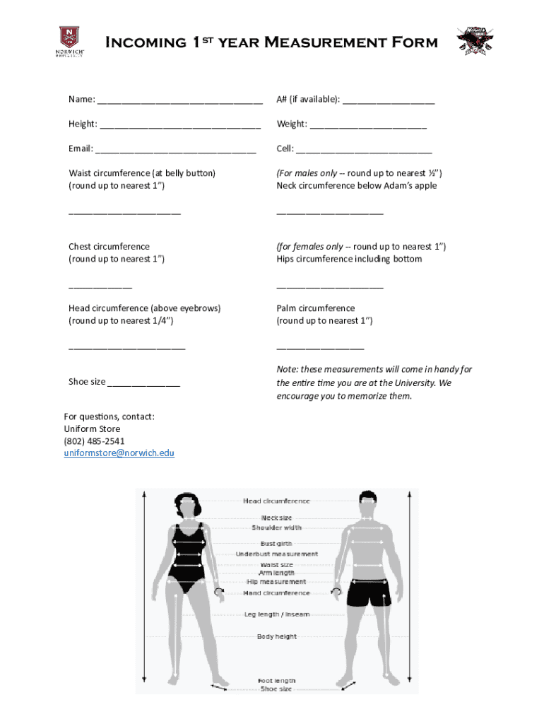 Fillable Online 1st Year Student Measurement Form Fax Email Print ...