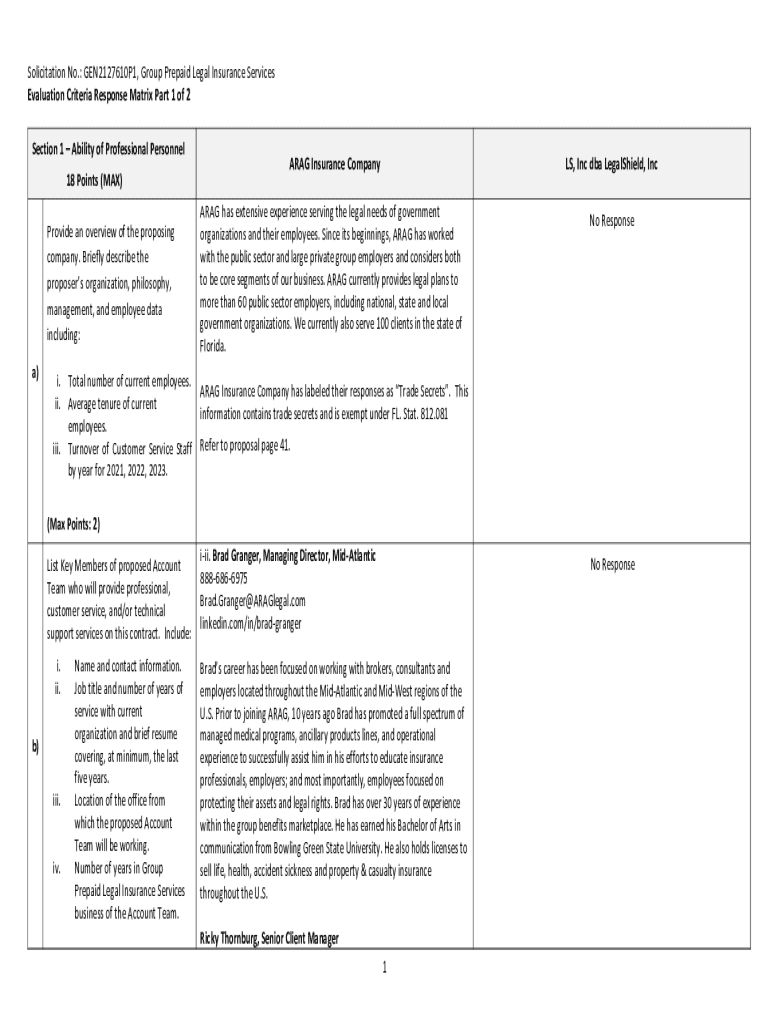 Fillable Online Solicitation No. Gen2127610p1, Group Prepaid Legal Insurance Services Evaluation ...