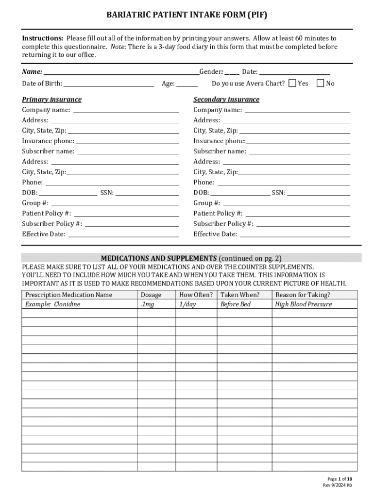 Fillable Online Bariatric Patient Intake Questionnaire Fax Email Print - pdfFiller
