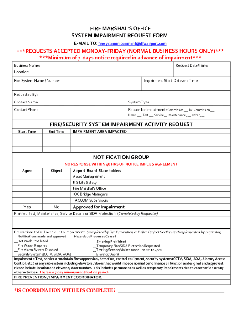 Fillable Online Fire Marshal’s Office System Impairment Request Fax ...