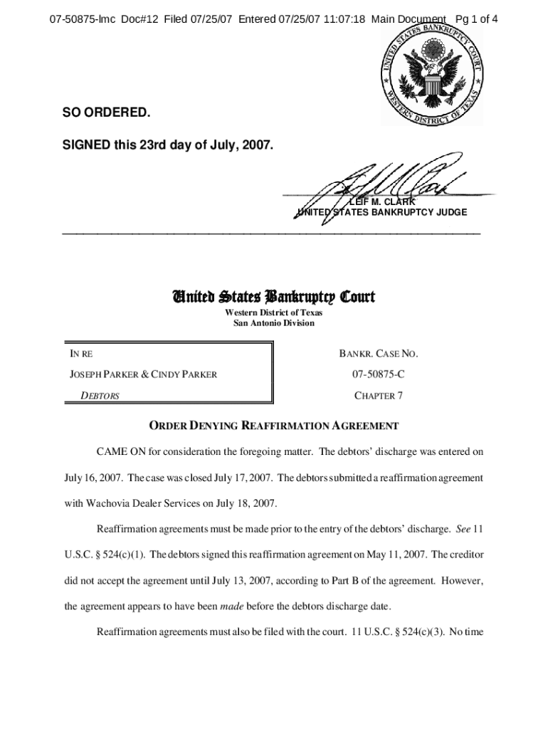 Fillable Online Order Denying Reaffirmation Agreement Fax Email Print ...