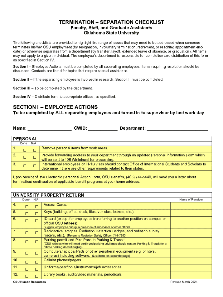 Fillable Online Oklahoma State University Termination – Separation ...