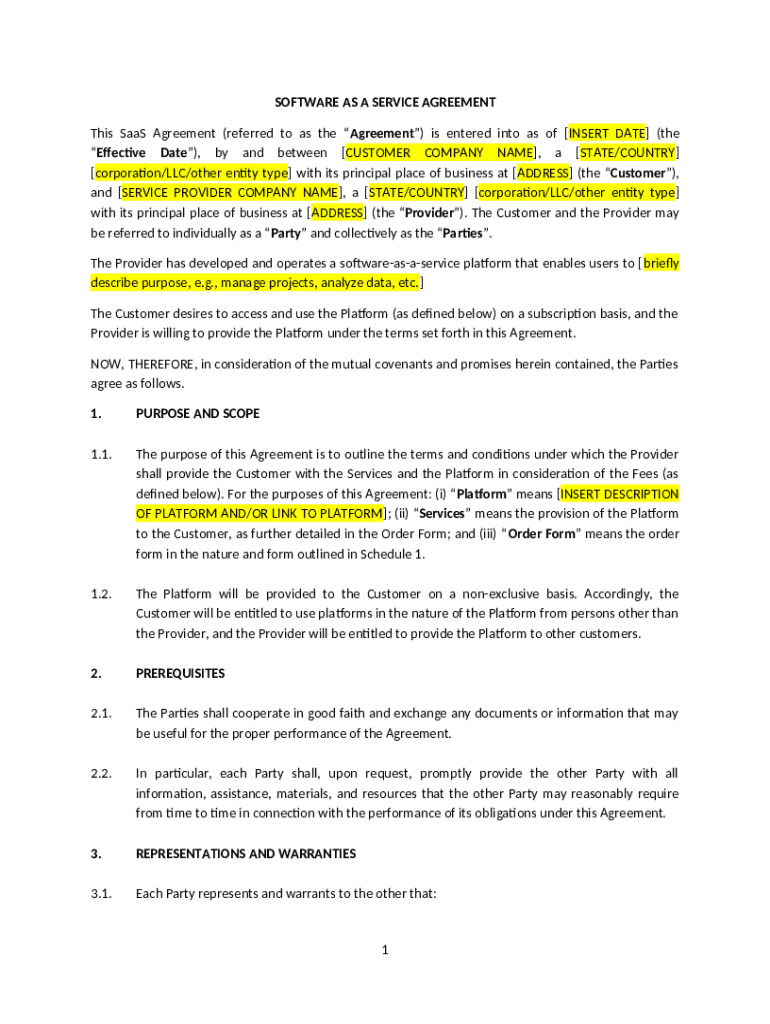Software as a Service Agreement Doc Template | pdfFiller