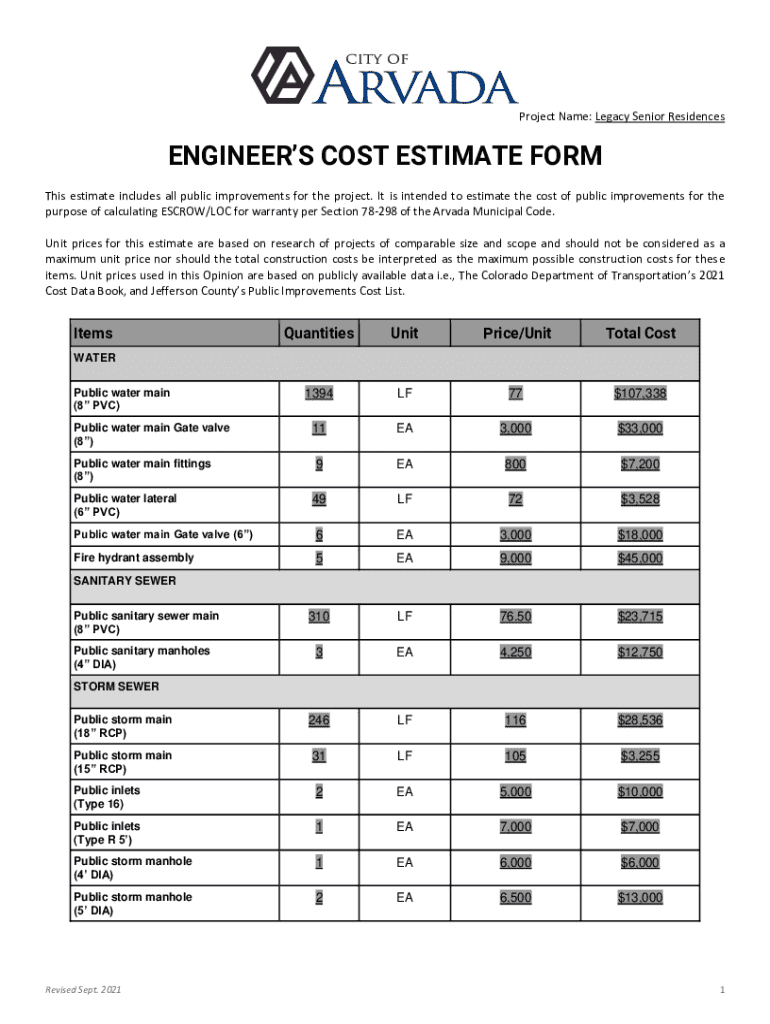 Fillable Online Cost Estimate for Legacy Senior Residences Public ...
