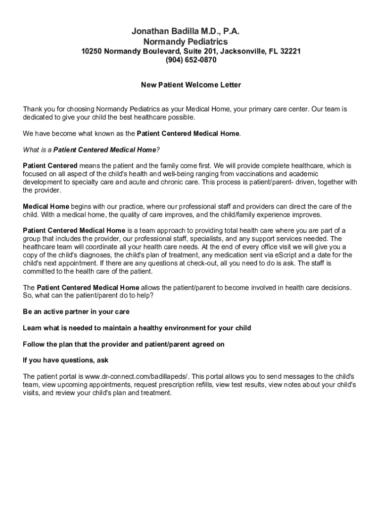 Fillable Online New Patient Welcome Letter Fax Email Print - pdfFiller