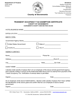 Fillable Online Transient Occupancy Tax Exemption Certificate Fax Email ...