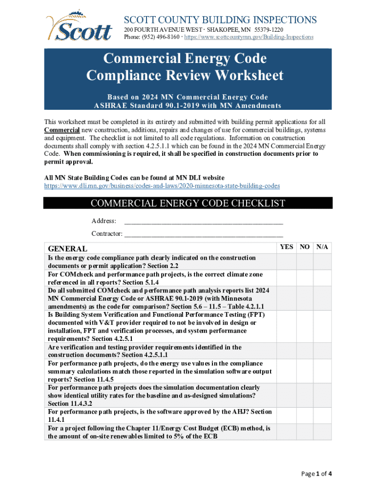 Fillable Online Commercial Energy Code Compliance Review Worksheet Fax ...