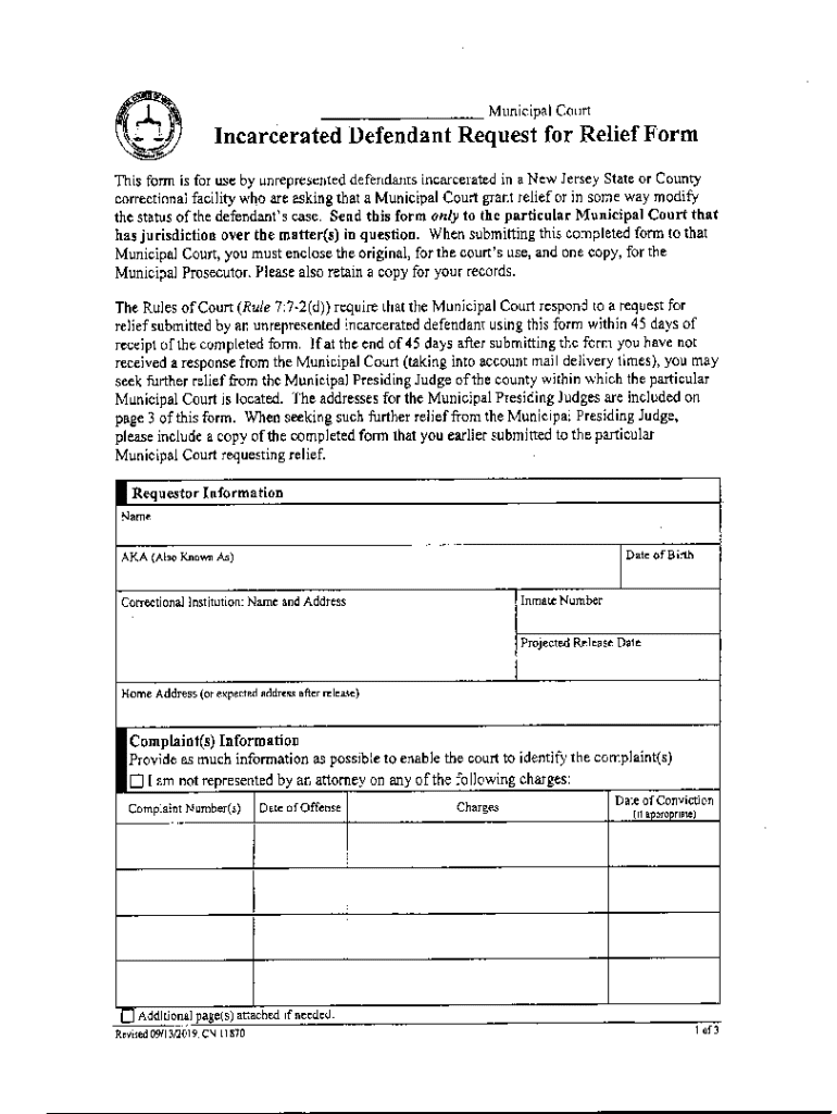 Fillable Online Incarcerated Defendant Request for Relief Fax Email ...