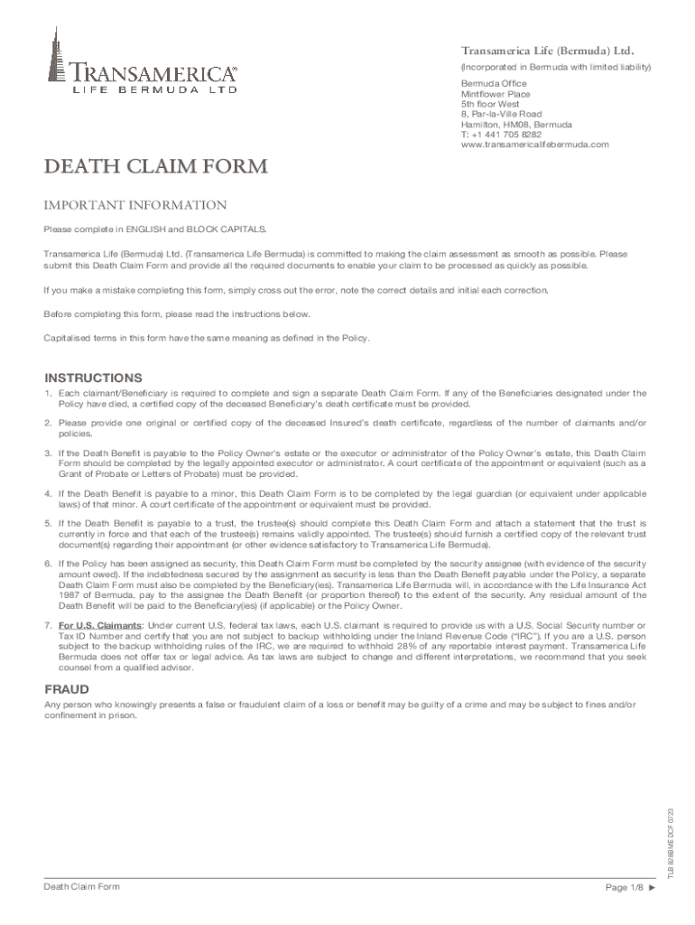 Fillable Online Death Claim Form for Transamerica Life Bermuda Fax Email Print - pdfFiller