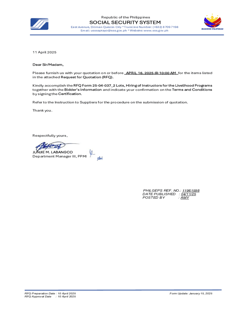 Fillable Online Request for Quotation for Livelihood Programs Fax Email Print - pdfFiller