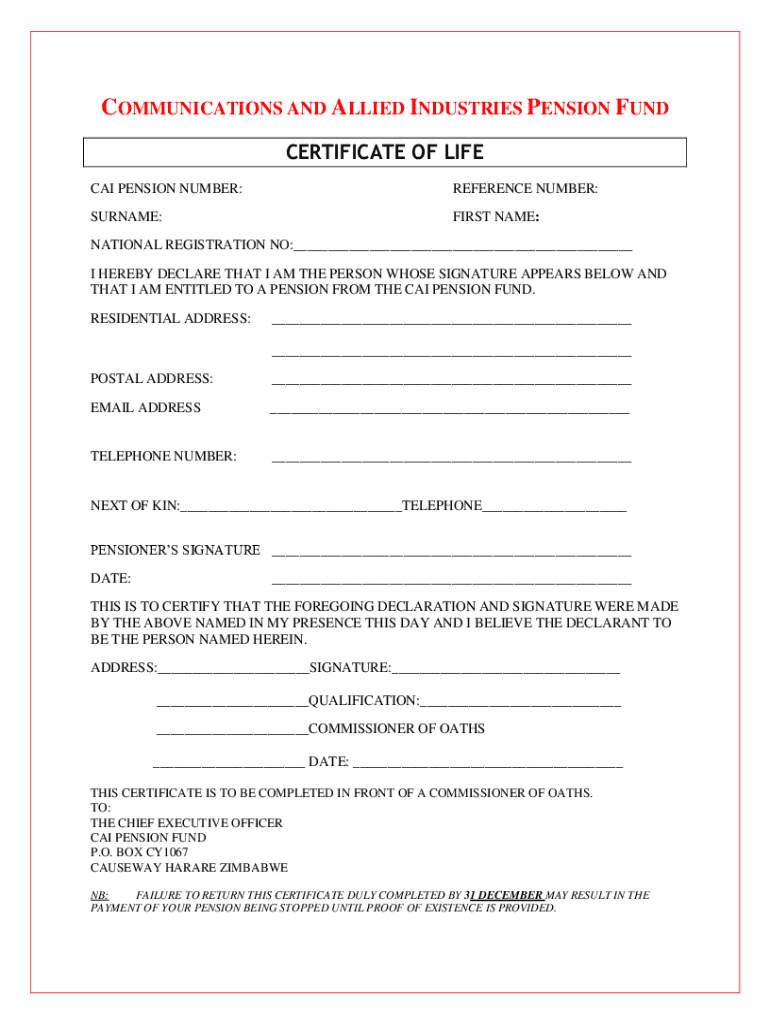 Fillable Online Certificate of Life for Cai Pension Fund Fax Email ...