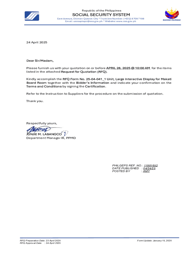 Fillable Online Request for Quotation for Large Interactive Display Fax Email Print - pdfFiller