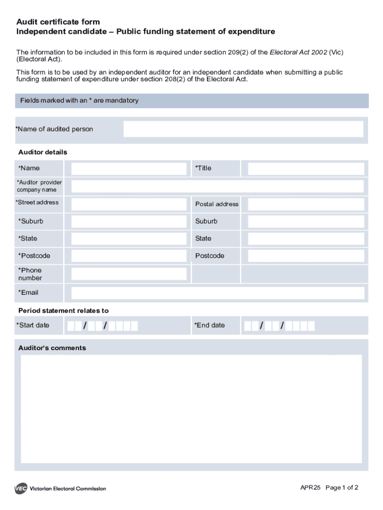 Fillable Online Independent Candidate – Public Funding Statement of Expenditure Fax Email Print ...