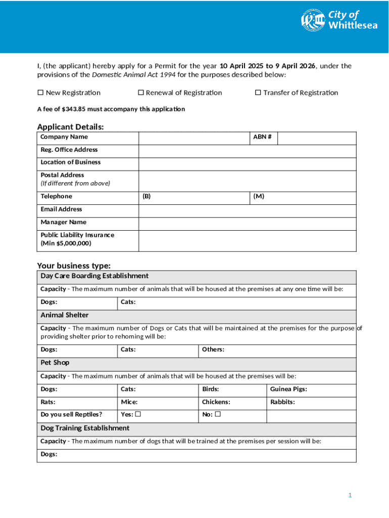 Domestic Animal Permit Application Doc Template | pdfFiller