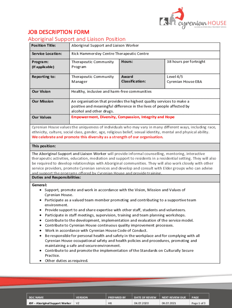 Fillable Online Aboriginal Support and Liaison Worker Job Description ...