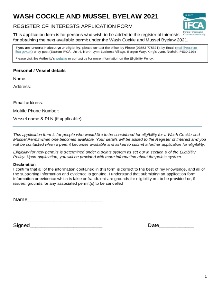 Wash Cockle and Mussel Byelaw 2021 Register of Interests Application ...