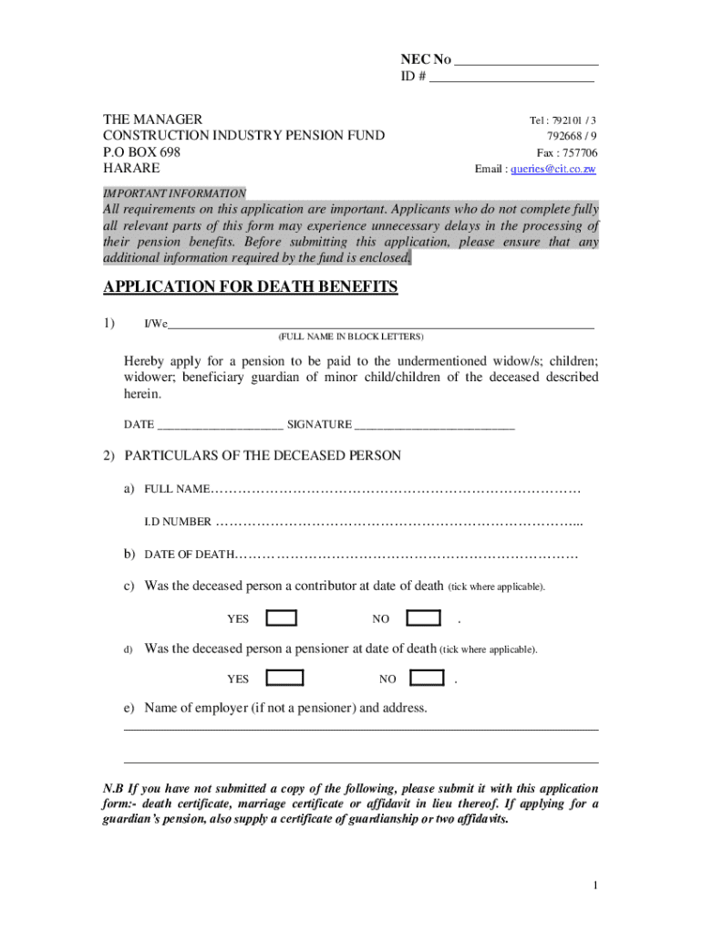 Fillable Online Application for Death Benefits Fax Email Print - pdfFiller