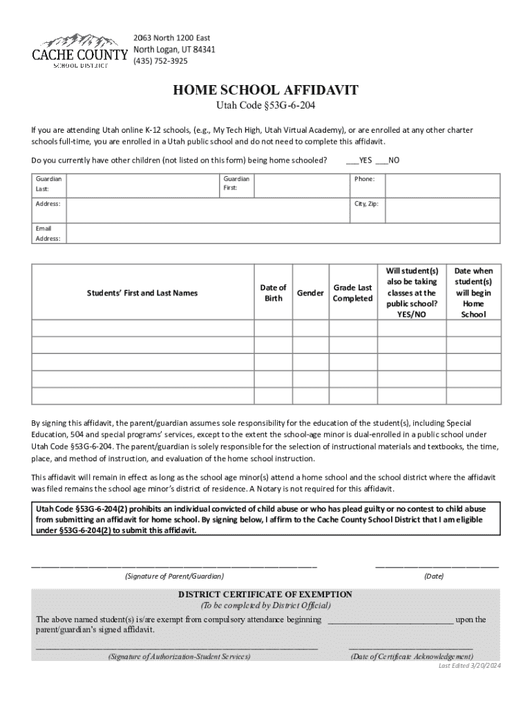 Fillable Online Home School Affidavit for Utah Fax Email Print - pdfFiller