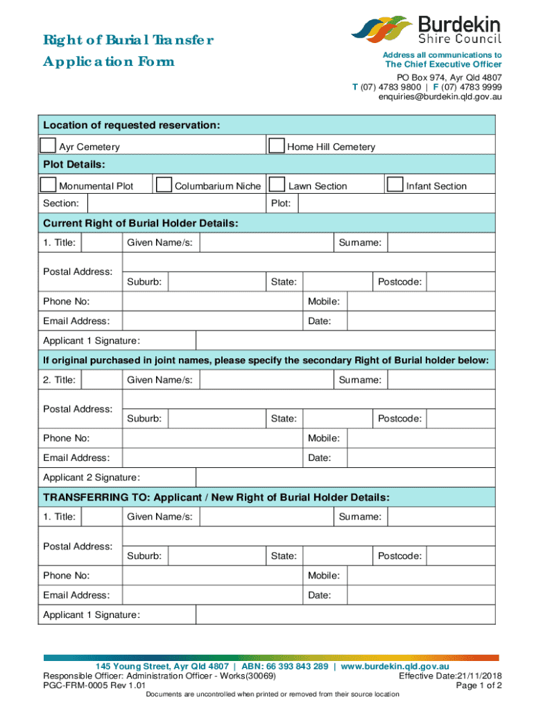Fillable Online Right of Burial Transfer Application Fax Email Print ...