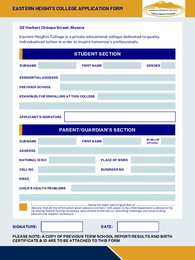 Fillable Online Eastern Heights College Application Form Fax Email Print - pdfFiller