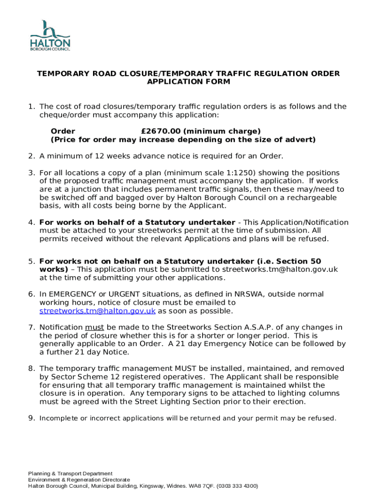 Temporary Road Closure/temporary Traffic Regulation Order Application Doc Template | pdfFiller