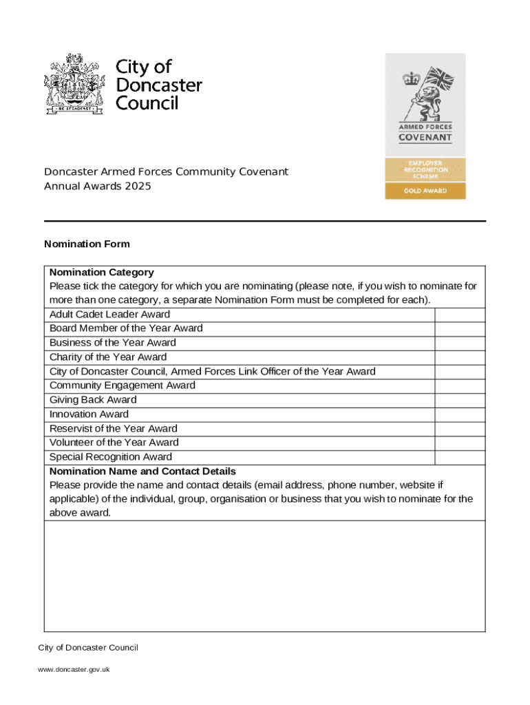 Doncaster Armed Forces Community Covenant Annual Awards 2025 Nomination Doc Template | pdfFiller