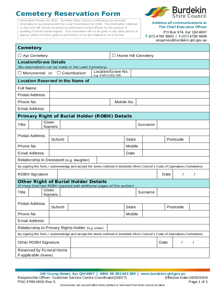 Right of Burial Application Doc Template | pdfFiller