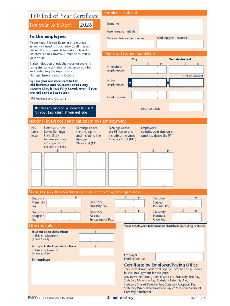 Fillable Online P60 End of Year Certificate Fax Email Print - pdfFiller