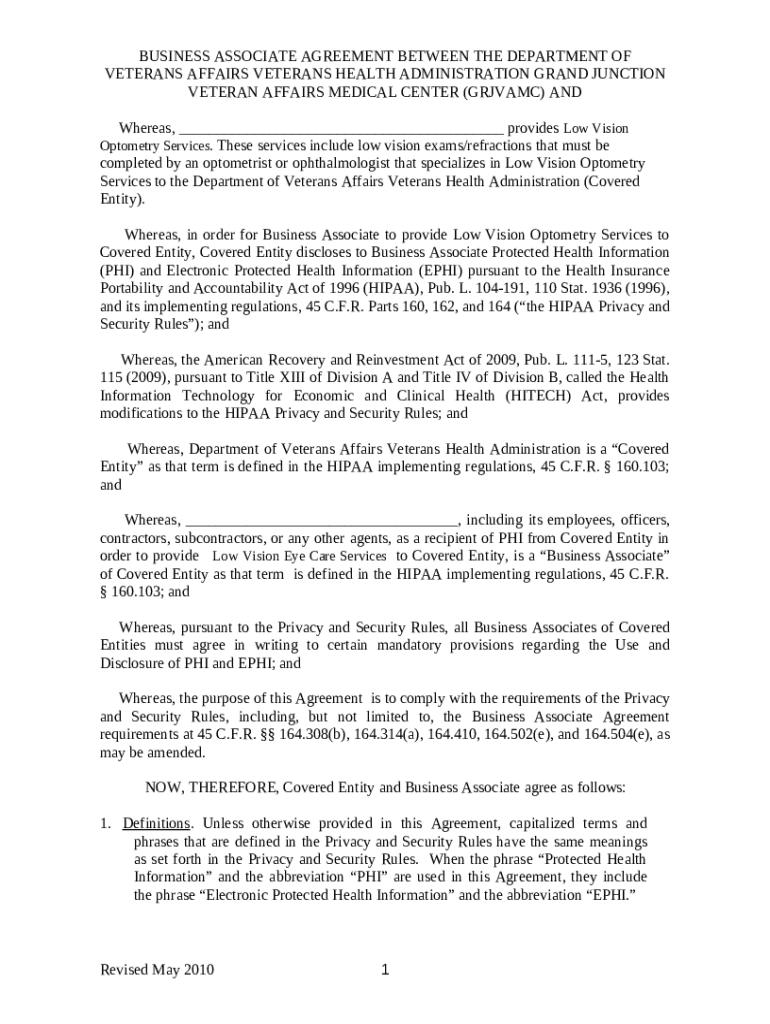 Business Associate Agreement for Low Vision Optometry Services Doc ...